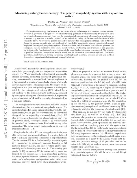 Pdf Measuring Entanglement Entropy Of A Generic Many Body System With A Quantum Switch