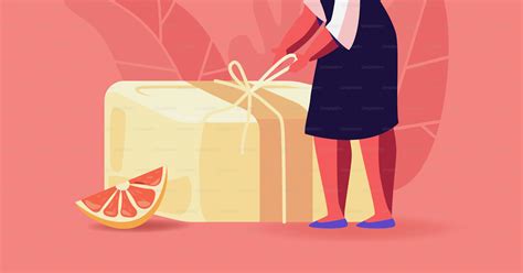 작은 여성 캐릭터 수제 비누 포장 바는 판매 또는 선물 제공을 준비합니다 유기농 밧줄로 거품을 감싸는 여자 위생 및 바디