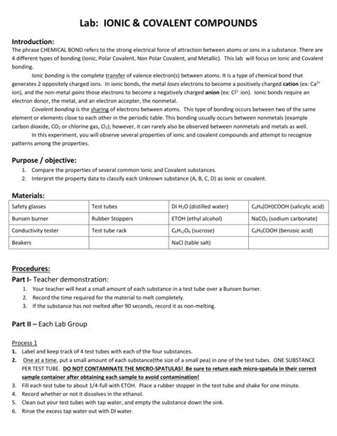 Ionic Covalent Compounds Lab Properties Bonding