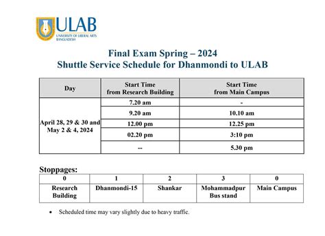 Shuttle Bus Schedule During Ug Final Examination Spring 2024 University Of Liberal Arts