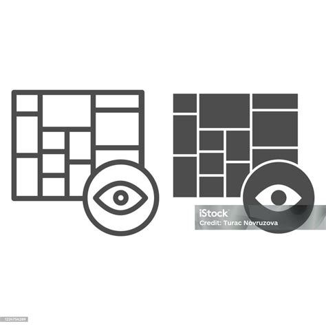 광고 플랫폼 라인 과 솔리드 아이콘 흰색 배경에 눈 기호 윤곽 스타일 그림과 프로모션 계획 그리드 소셜 미디어 콘텐츠는 모바일 개념 및 웹 디자인에 서명합니다 벡터 그래픽