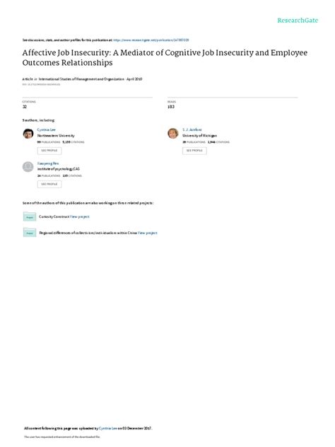 Affective Job Insecurity A Mediator Of Cognitive Job Insecurity And Employee Outcomes