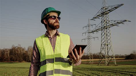 일몰 중 고전압 전기 라인 발전소 근처에서 태블릿으로 작동하는 헬멧과 안전 조끼를 입은 전기 엔지니어 독일에 대한 스톡 사진 및 기타 이미지 Istock