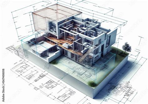 Building Project Plan Blueprint Of A Modern House Designed Using Generative Ai Stock