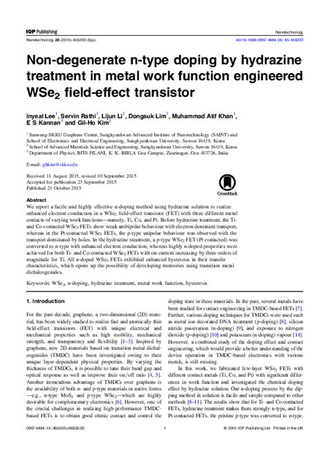 Pdf Non Degenerate N Type Doping By Hydrazine Treatment In Metal Work Function Engineered Wse2