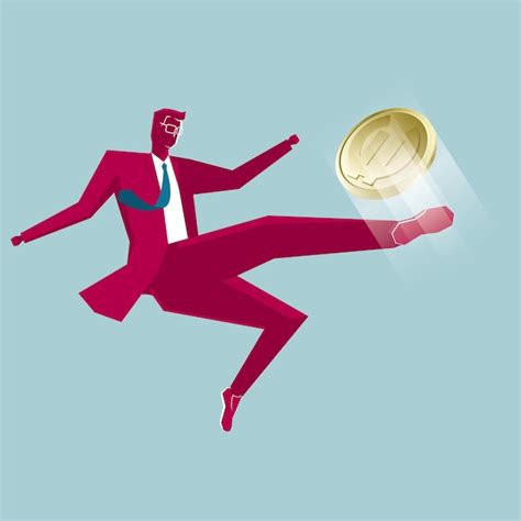 Футболист пинает монеты евро изолированные на синем фоне Премиум векторы