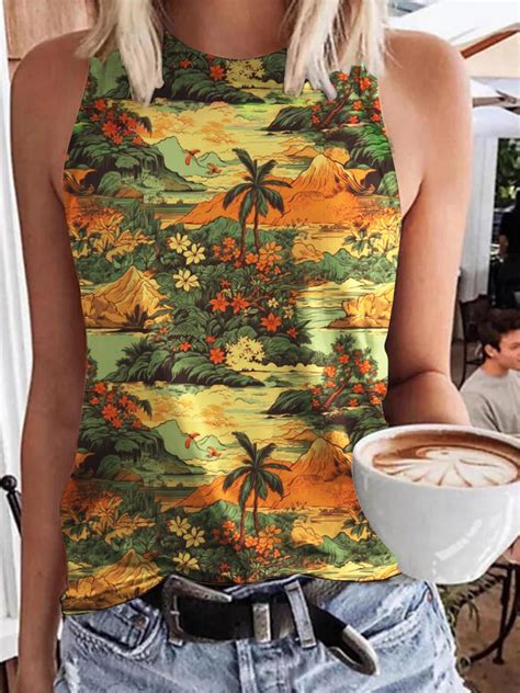Retro Hawaiian Print Casual Tank Top Wonder Closets