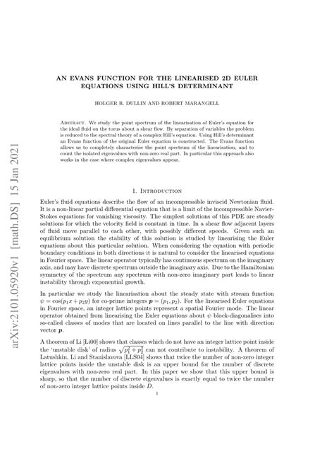 Pdf An Evans Function For The Linearised 2d Euler Equations Using Hills Determinant