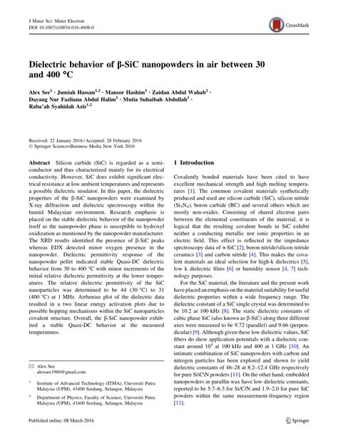 Pdf Dielectric Behavior Of β Sic Nanopowders In Air Between 30 And 400 °c