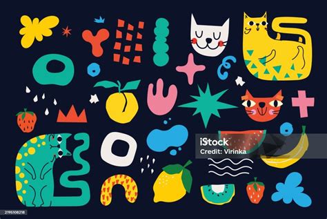 브루탈리즘 추상 기하학적 모양과 그리드 잔인한 현대 인물 고양이 과일 별 타원형 나선형 꽃 및 기타 원시적 요소 0명에 대한