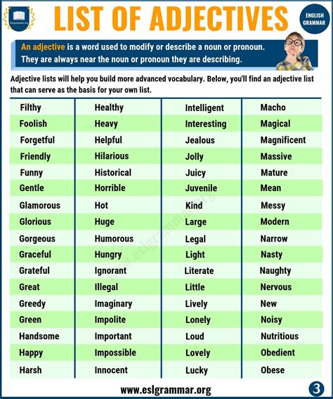List Of Adjectives 300 Useful Adjectives Examples From A To Z Esl Grammar List Of