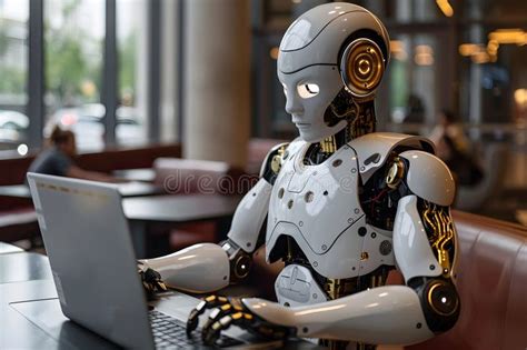 Robot Working On Laptop Computer Stock Illustration Illustration Of Learning Workstation