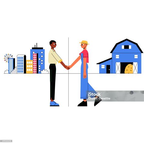도시와 농촌 협력 악수 평면 벡터 일러스트 레이션 협업 농업 및 개발을 상징 흰색 배경에 고립 농부에 대한 스톡 벡터 아트 및