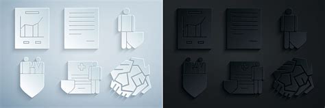 임상 기록 생명 보험 방패 가족 구겨진 종이 공 문서 및 그래프 차트 아이콘으로 의료 클립 보드를 설정합니다 벡터 건강관리와 의술에 대한 스톡 벡터 아트 및 기타 이미지