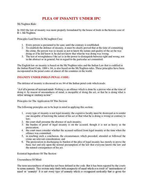 Plea Of Insanity Under Ipc Download Free Pdf Insanity Defense Mens Rea