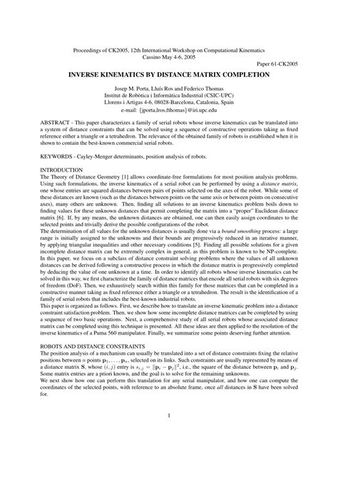 Pdf Inverse Kinematics By Distance Matrix Completion