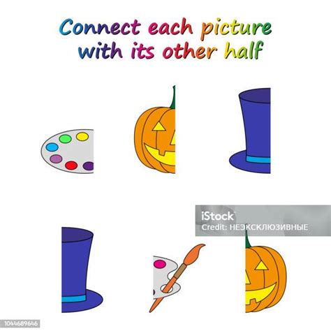 워크시트입니다 아이 들을 위한 게임입니다 다른 절반의 각 그림을 연결 합니다 어린이 위한 교육 게임입니다 교육에 대한 스톡 벡터