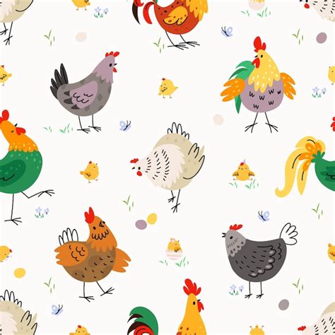 Premium Vector Chicken Seamless Pattern Farm Birds Spring Background