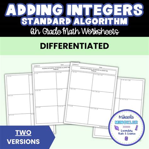 Adding Integers Standard Algorithm Differentiated Worksheet 6th Grade Math