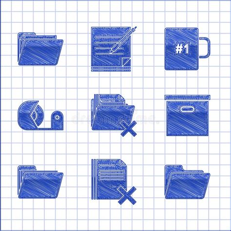 Set Delete Folder File Document Document Carton Cardboard Box Scotch Coffee Cup And Icon
