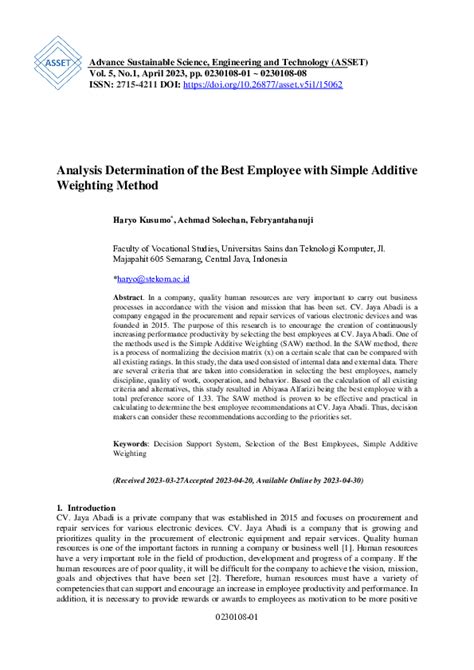 Pdf Analysis Determination Of The Best Employee Using The Simple