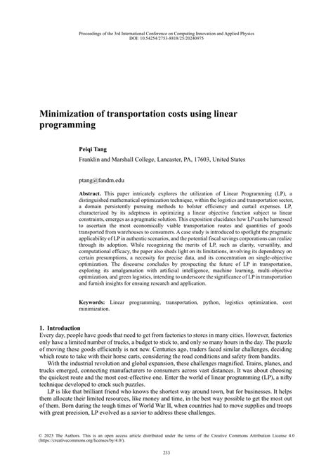 Pdf Minimization Of Transportation Costs Using Linear Programming