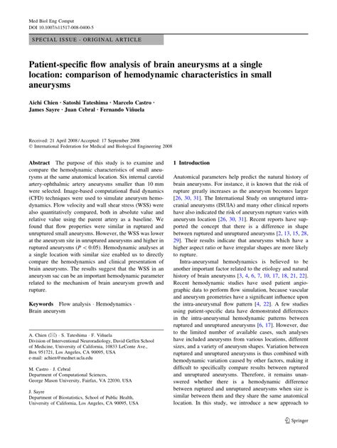 Pdf Patient Specific Computational Flow Analysis Of Brain Aneurysms