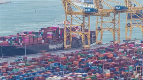 Seaport And Loading Docks At The Port With Cranes And Multi Colored Cargo Containers Timelapse
