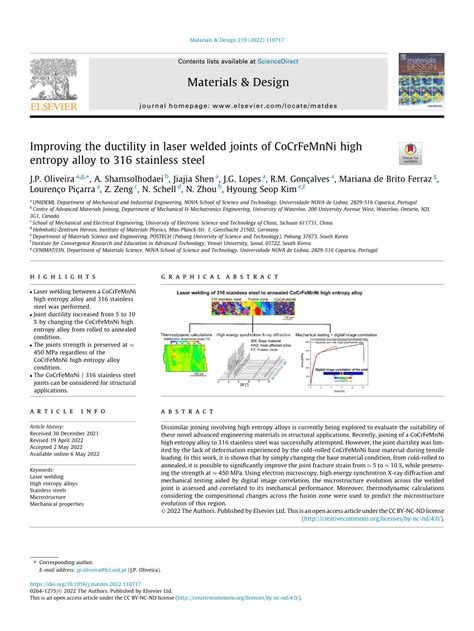 Pdf Improving The Ductility In Laser Welded Joints Of Cocrfemnni High Entropy Alloy To 316