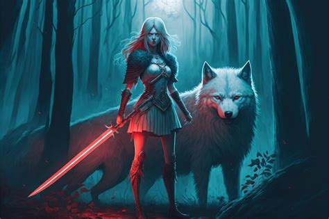 Premium Photo A Woman With A Magic Spear Standing In Front Of Her Guardian Wolf Digital Art