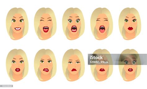 여자 얼굴 표정 제스처 감정 행복 놀람 혐오 슬픔 휴 실망 두려움 놀라운 기쁨 외침 낙담 미소 만화 아이콘 격리 설정입니다 벡터 일러스트 레이 션 0명에 대한 스톡 벡터