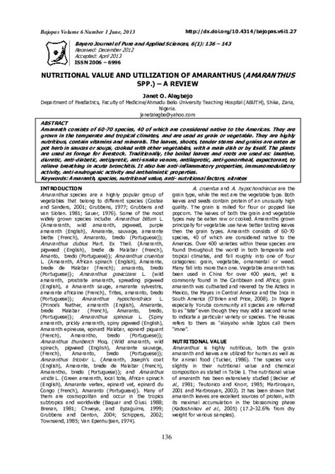 Pdf Nutritional Value And Utilization Of Amaranthus Amaranthus Spp A Review