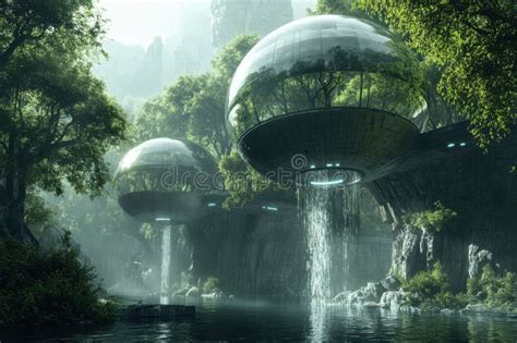 Futuristic Floating Structures In A Serene Green Landscape During Daylight Hours Stock Image
