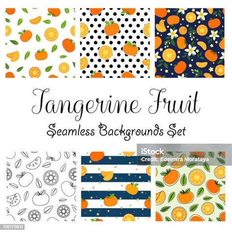 귤 오렌지 만화 일러스트레이션 6 가지 원활한 패턴 타일 플랫 디자인 귤 컬렉션 타일 중 하나를 시트 0명에 대한 스톡 벡터