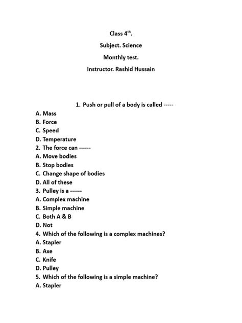 Class 4 Science Test Pdf