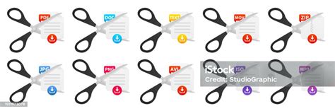 파일 형식 아이콘이 설정되었습니다 가위는 문서를 자릅니다 플랫 스타일 디자인의 인기 있는 파일 형식 및 문서입니다 그래픽 템플릿 오디오 비디오 이미지 시스템 아카이브 문서