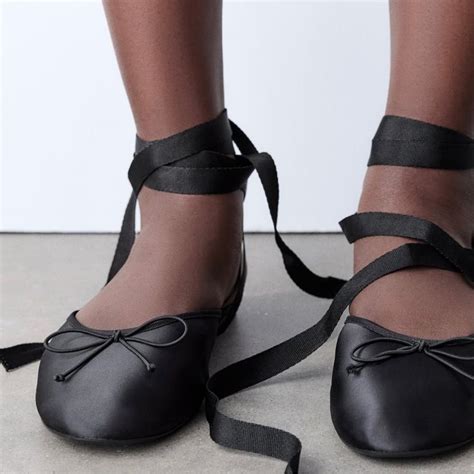 Zara Lace Up Ballerina Flats With Bow Black Nwt Zara Shoes Black