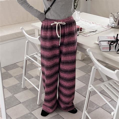 여자 줄무늬 기모홈웨어 겨울롱팬츠 골지 넓은 바지