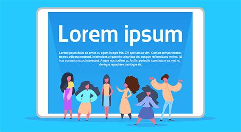 사람들이 모바일 응용 프로그램 통신 남성 여성 만화 캐릭터 다양성 포즈 파란색 배경 전체 길이 복사본 공간 수평 팀 태블릿에 대한 스톡 벡터 아트 및 기타 이미지 Istock