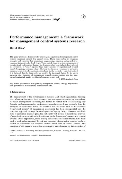 Pdf Performance Management A Framework For Management Control Systems Research