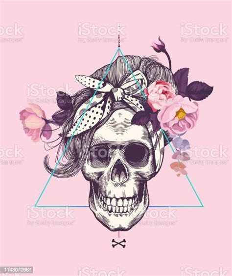 추상적인 배경과 장미 꽃으로 둘러싸인 세련 된 헤어 스타일과 스카프와 팝 아트 스타일의 여자의 두개골 벡터 일러스트 레이 션 T 셔츠 인쇄로 사용할 수 있습니다 포스터 엽서