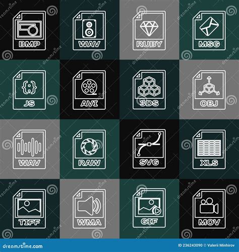 Set Line MOV File Document XLS OBJ RUBY AVI JS BMP And DS Icon Vector Stock Vector