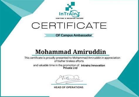 Mohammad Amiruddin On Linkedin Campus Ambassador Certificate From Intrainz Company