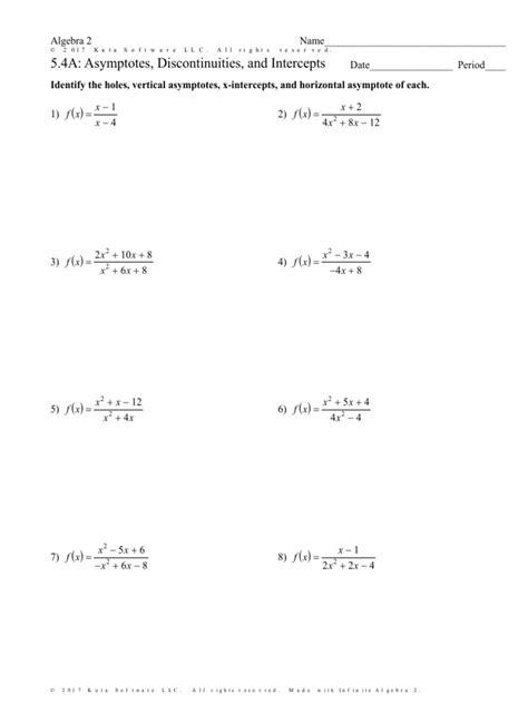 5 4a Asymptotes Discontinuities And Intercepts Worksheet Pdf Analytic Geometry Algebraic