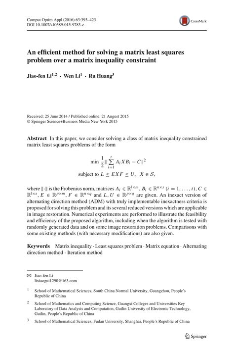 Pdf An Efficient Method For Solving A Matrix Least Squares Problem Over A Matrix Inequality