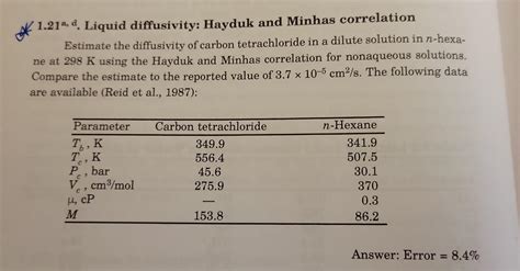 Solved 1 21a D Liquid Diffusivity Hayduk And Minhas