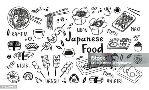 손으로 그린 낙서 스타일의 큰 컬렉션 일본 음식 레스토랑 메뉴를위한 아시아 음식 Dango Dumpling에 대한 스톡 벡터 아트 및 기타 이미지 Dango