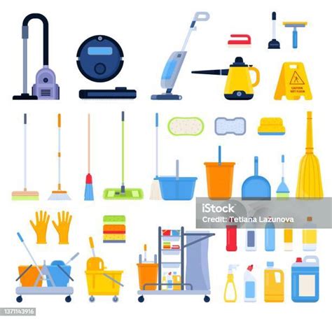 평평한 청소 도구 빗자루 헝겊 브러시 및 세제 병 가정용 진공 청소기 증기 걸레 양동이 스폰지 및 물티슈 벡터 세트 세정제에