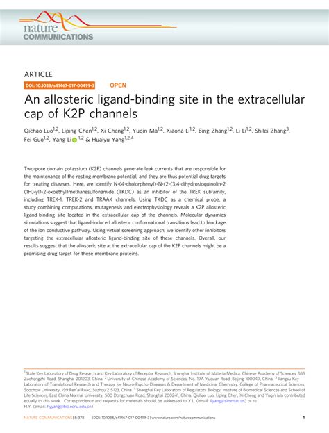 Pdf An Allosteric Ligand Binding Site In The Extracellular Cap Of K2p