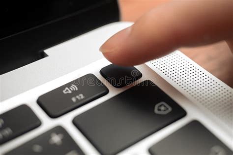 Hand Pressing Fingerprint Scanner Key On Modern Laptop Keyboard Finger Print Button Close Up